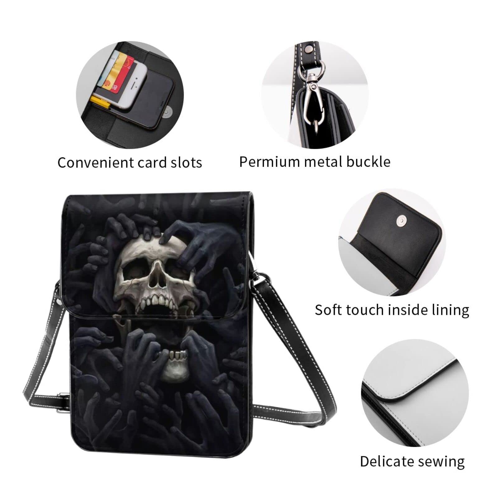 SKETVNHR Abstract Terror Hand Dark Skull Pattern Small Crossbody Cell Phone Purse for Women Soft Leather Fashion Travel Wallet with Adjustable Strap
