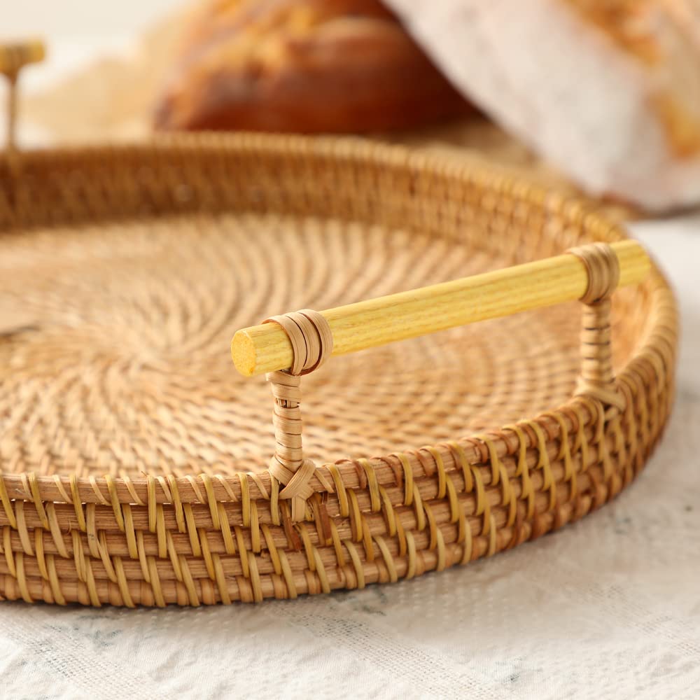 Round Rattan Coffee Table Tray with Handles - Woven Basket Food Decorative Tray ,Handmade Rattan Serving Tray with Handles ,Adorable Natural Bamboo Tray for Ottoman Coffee Table (Large/11 inch)