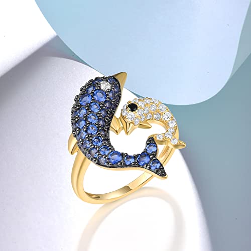 Santuzza 925 Sterling Silver Dolphin Ring Blue Cubic Zirconia Ocean Series Double Dolphin Ring for Women (7)