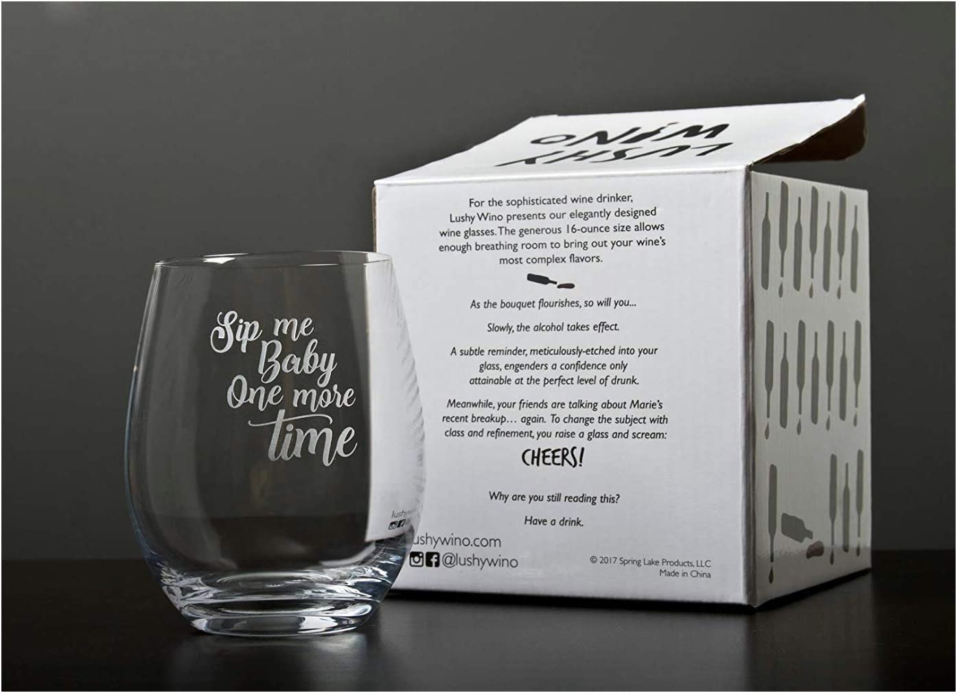 Lushy Wino - Etched Wine Glasses Stemless: Sip Me Baby One More Time | 18oz. All Purpose Wine Glass with Funny Sayings