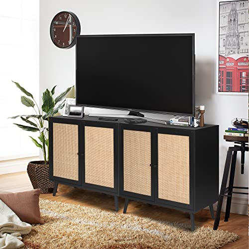 wirrytor 2 Sets of Storage Cabinet with Handmade Rattan Decorated Doors, Rattan Sideboard Buffet Cabinet with Storage for Living Room, Dining Room, Entryway, Kitchen, Black