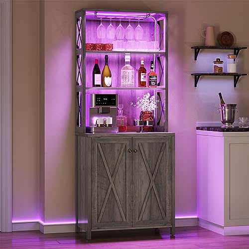 YITAHOME Bar Cabinets with LED Light, Coffee Bar Liquor Cabinet with Glass Holder, Tall Buffet Wine Cabinet with Storage for Kitchen, Dining Room, Rustic Grey Wash