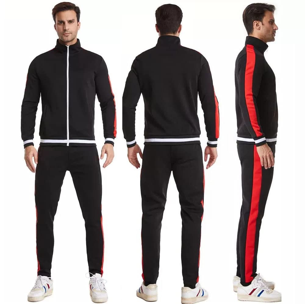 LeerKing Men's Tracksuit Activewear Joggers Sports Set Full Zip Sweat Suit for Training Workout Youth Teens,Black & Red,M