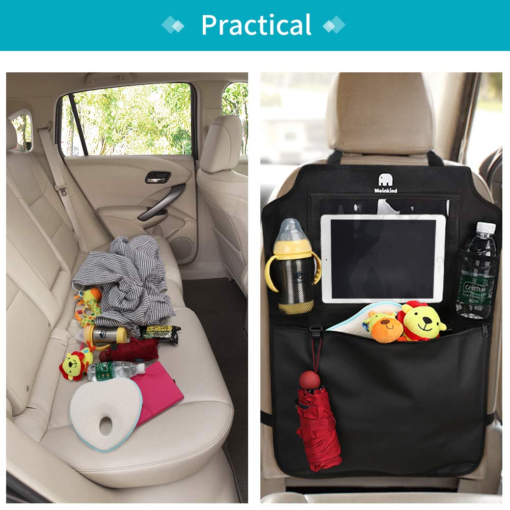 Meinkind Car Backseat Organizer, 2-Pcs Car Seat Protector Back Seat Organizer Kick Mats with Clear Screen Tablet Holder, Water-Proof Car Seat Organizer, Travel Organizer for Kids and Toddler, Black