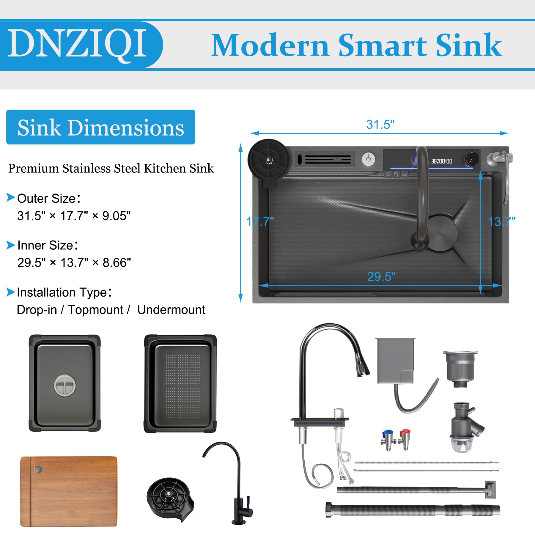 Kitchen Sink Black Stainless Steel Workstation Sink Upgraded Honeycomb Nano Waterfall Sink Drop-In with Patented Pull-out Faucet & LED TEMP Display Undermount Sink with Cup Washer, Water Fil1 (29.5in)