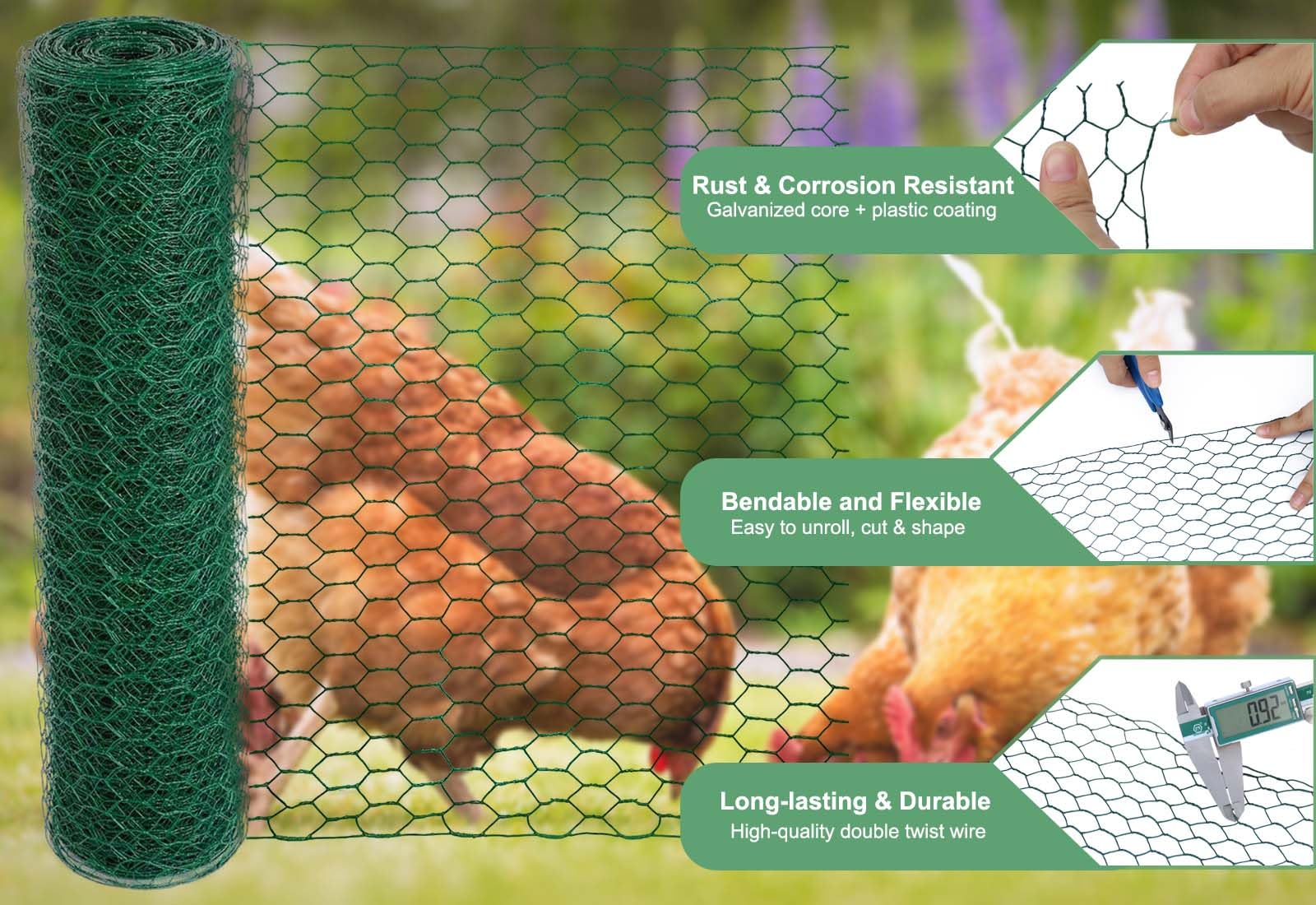 Mklsit Chicken Wire for Floral Arrangements, 15.7 x 157 Inches Green Floral Chicken Wire Mesh, 0.6 Inch Hexagonal Galvanized PVC Coated Chicken Wire Netting Fence for Crafts Poultry Garden