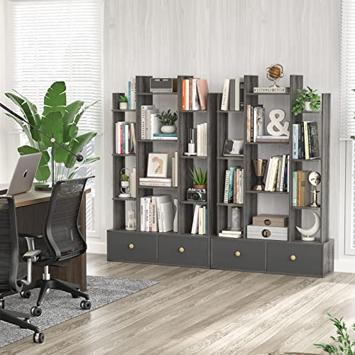 Unikito Book Shelf with 2 Drawers Free Standing Bookcase, Office Storage Shelf Organizer with 12 Open Bookshelf, Industrial Wood Book Case Display Rack for Bedroom, Living Room Home Office, Gray Oak