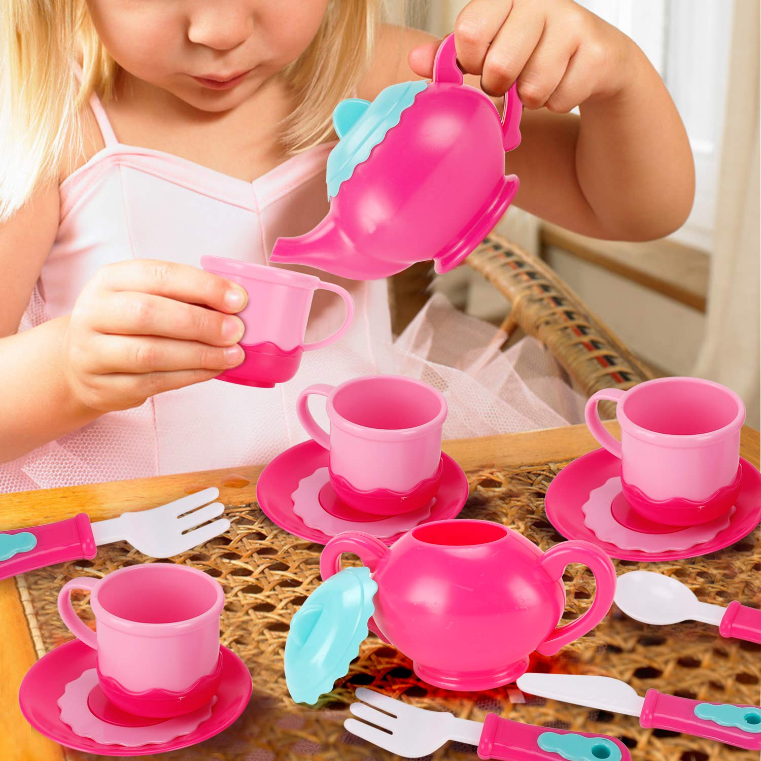 Liberty Imports Deluxe Pink Tea Set for Kids Pretend Play with Tea Pots, Cups, Dishes and Kitchen Utensils (18 pcs)