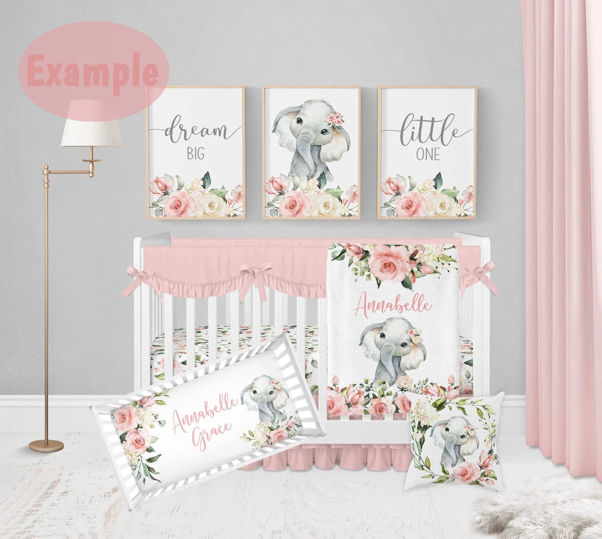 UOOPOO-US Personalized Baby Fitted Crib Sheet Set, Customized Elephant Crib Bedding Set with Name, Baby Crib Bedding Set, Custom Chic Pink Flower Nursery Crib Sheet Bedding Set