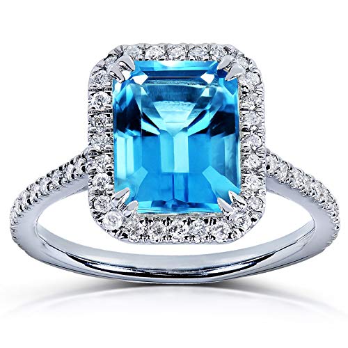 Kobelli Emerald Cut Swiss Blue Topaz and Diamond Halo Ring 3ct CTW 14k White Gold, 9.5