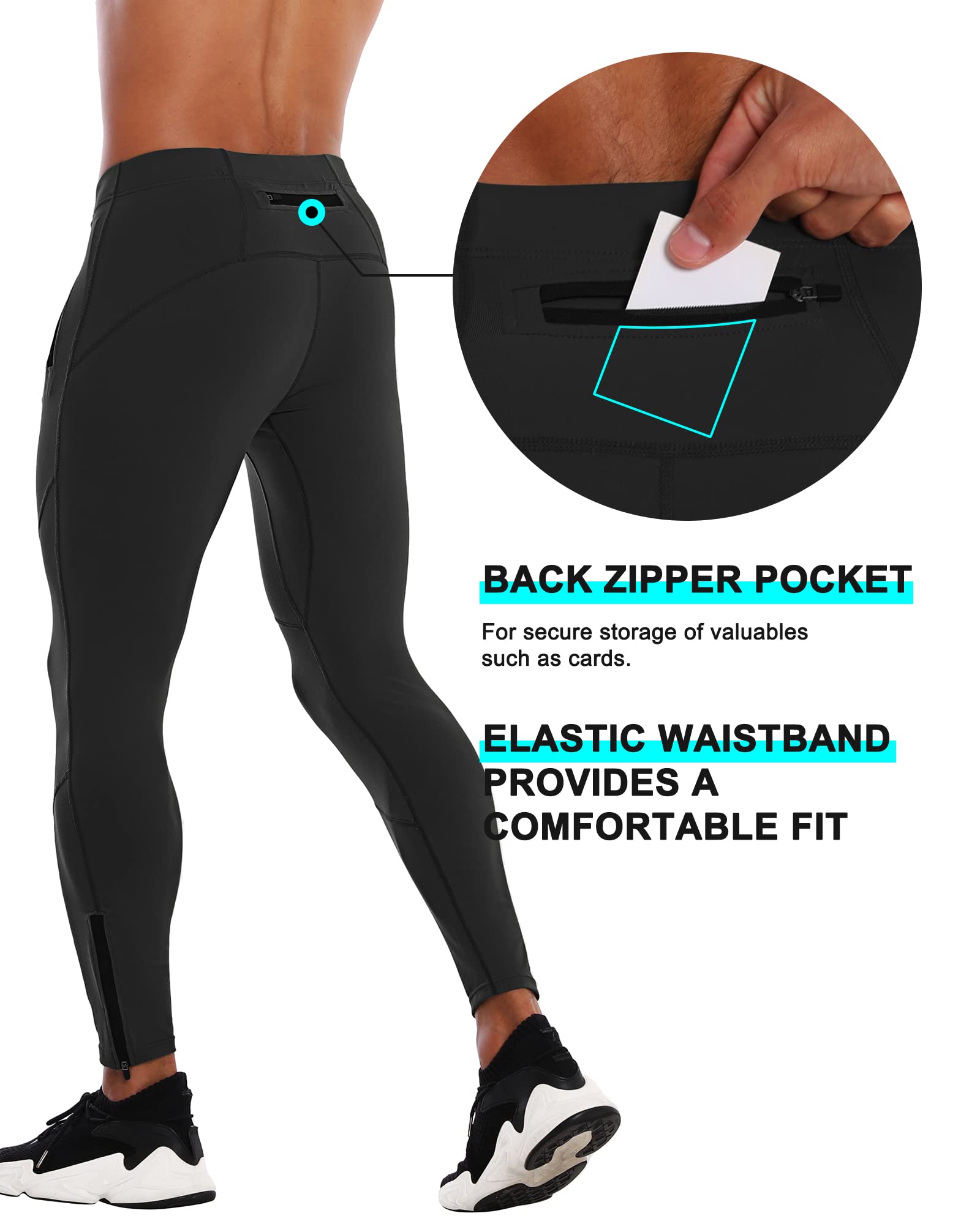 Runhit Compression Pants Men with Zipper Pocket Running Pants Tights Leggings Men's Cycling Pants Thermal Yoga Workout Athletic Black Medium