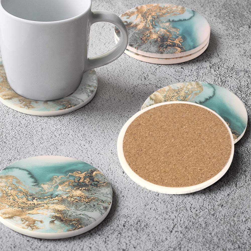Lahome Marble Pattern Coasters - Round Drinks Absorbent Stone Coaster Set with Ceramic Stone and Cork Base for Kinds of Mugs and Cups (Pink, Set of 6)