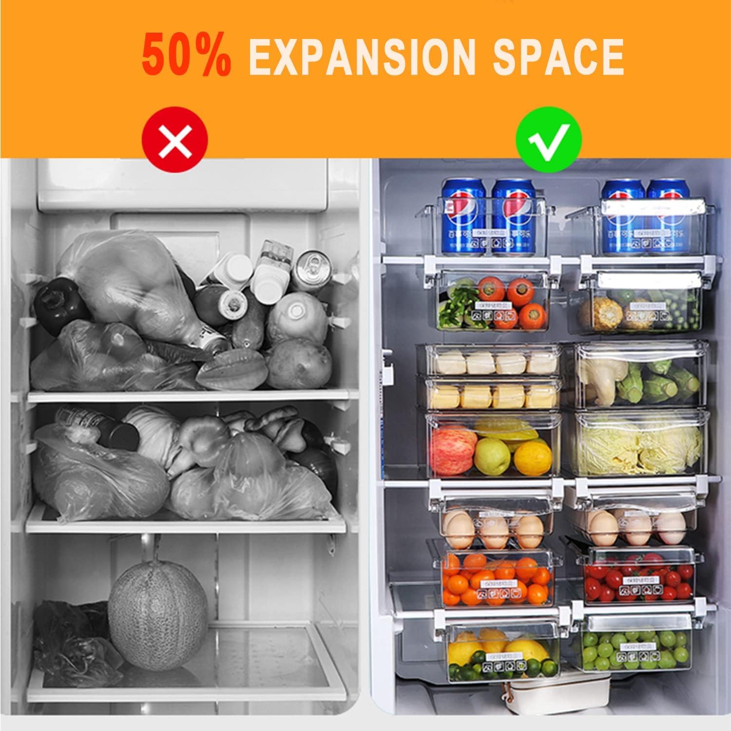 SDFNBRA Refrigerator Organizer Bins, Fridge Drawer Organizer, Clear Plastic Container Drawer for Fridge, Home Essentials Organization and Storage Box for Kitchen Cabinet Pantry