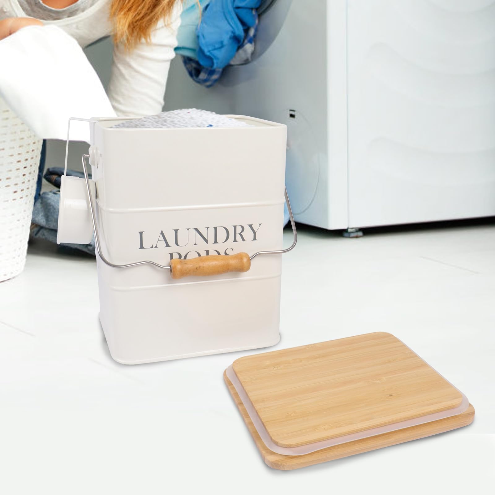 Xbopetda Laundry Pods Container, Metal Laundry Pod Holder with Bamboo Lid, Laundry Detergent Capsules Pods Storage with Scoop for Laundry Room Organization and Storage, Modern Farmhouse Decor, White