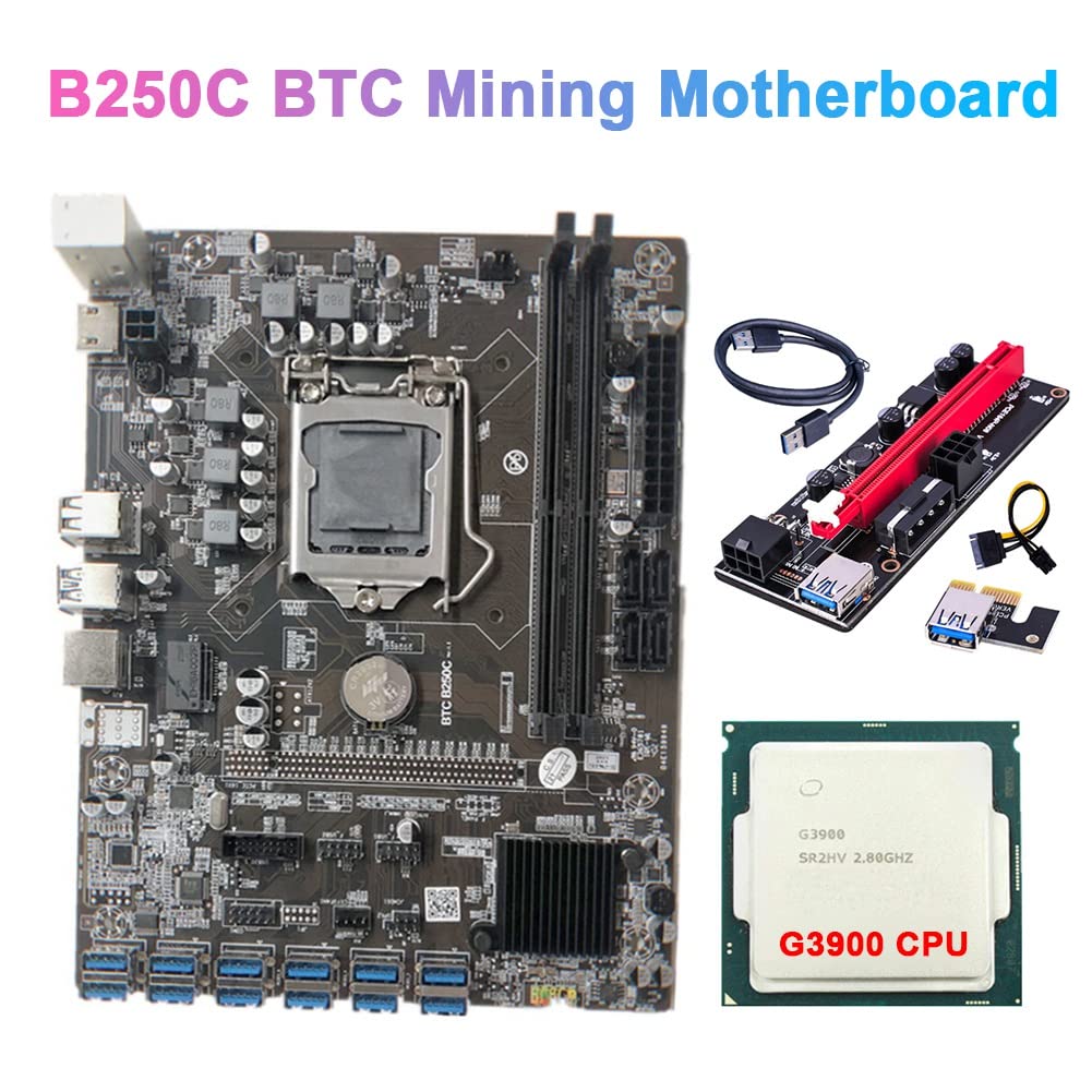 UNNIC B250C BTC Mining Motherboard+G3900 CPU+VER009S Riser 12XPCIE to USB3.0 GPU Slot LGA1151 Support DDR4 RAM Motherboard