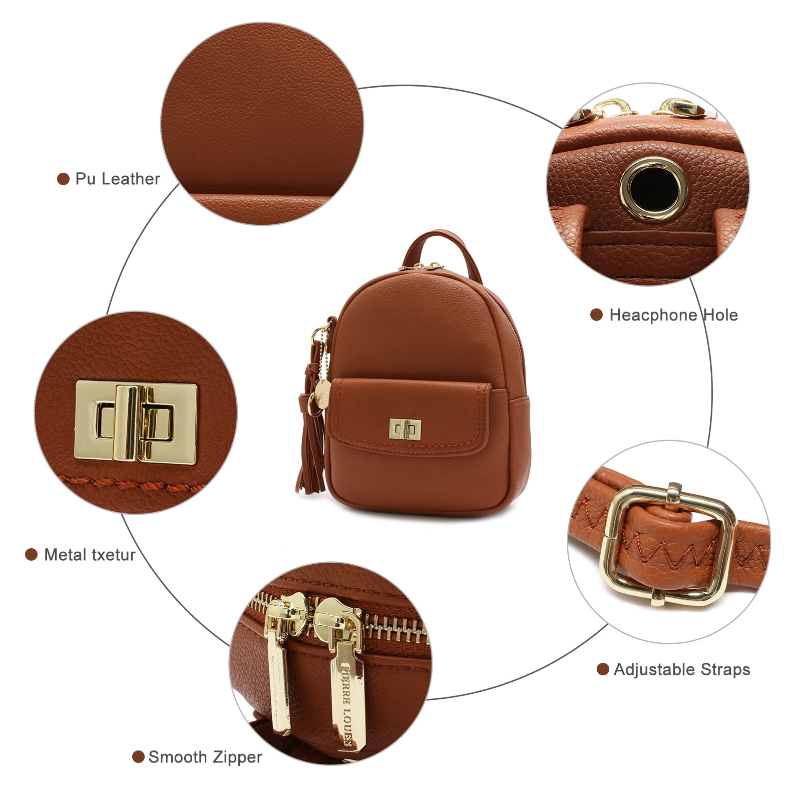 PIERRELOUES Mini Backpack Purse for Women Cute PU Leather Backpack Small Backpack Purse Multifunctional Crossbody Shoulder Handbag Purse With Charming Tassil BROWN