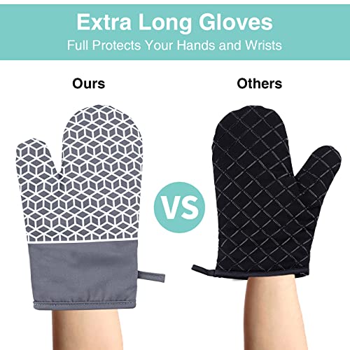 Oven Mitts and Pot Holders, Hmtruly Extra Long Oven Gloves, 500℉ Heat Resistant Oven Mitts with Non-Slip Silicone Pattern, Oven Hot Pads Pot Holders for BBQ Kitchen Baking Cooking (6-Piece Set, Grey)
