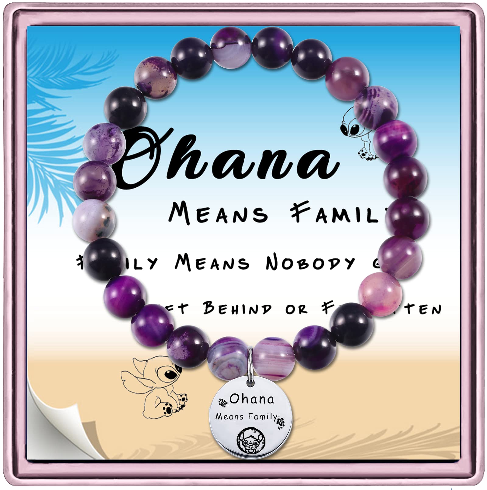 Ohana Means Family Bracelet Stitch Jewelry Gifts for Family Natural Stone Bead Gifts for FamiliesïŒPurpleïŒ
