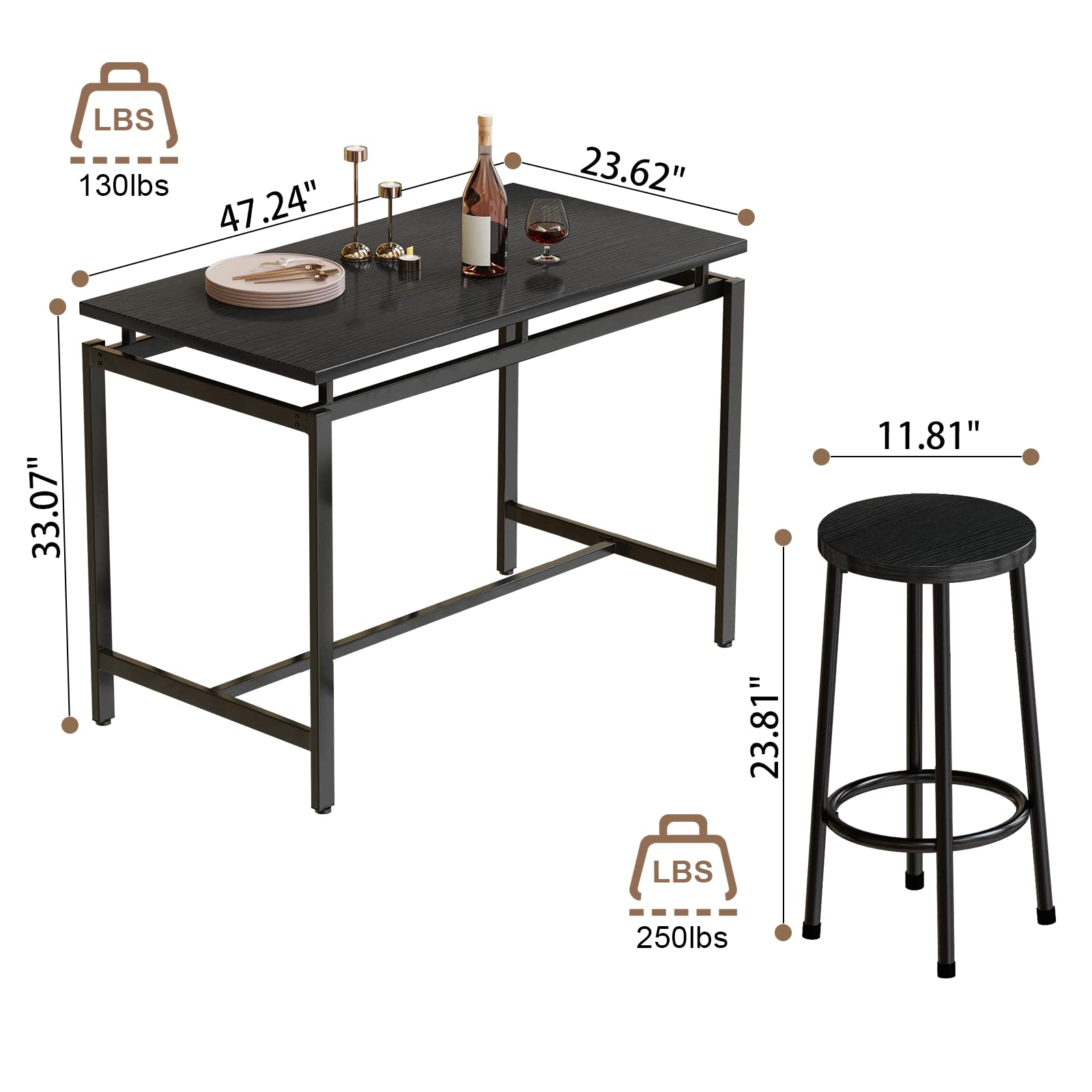 Lamerge Bar Table Set of 4,Industrial 5 Piece Breakfast/DiningTable Set,43" Pub Height Table & 4 PU Upholstered Stools with Backrest,for Living Room,Kitchen,Bar,Rustic Brown & Black & Brown