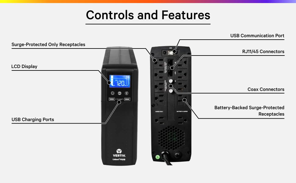 Liebert PSA5 UPS - 1000VA/600W 120V, Line Interactive, AVR, mini tower, 10 outlets, USB Charging, 3 year warranty, Uninterruptible Power Supply, Battery Backup with Surge Protection (PSA5-1000MT120)
