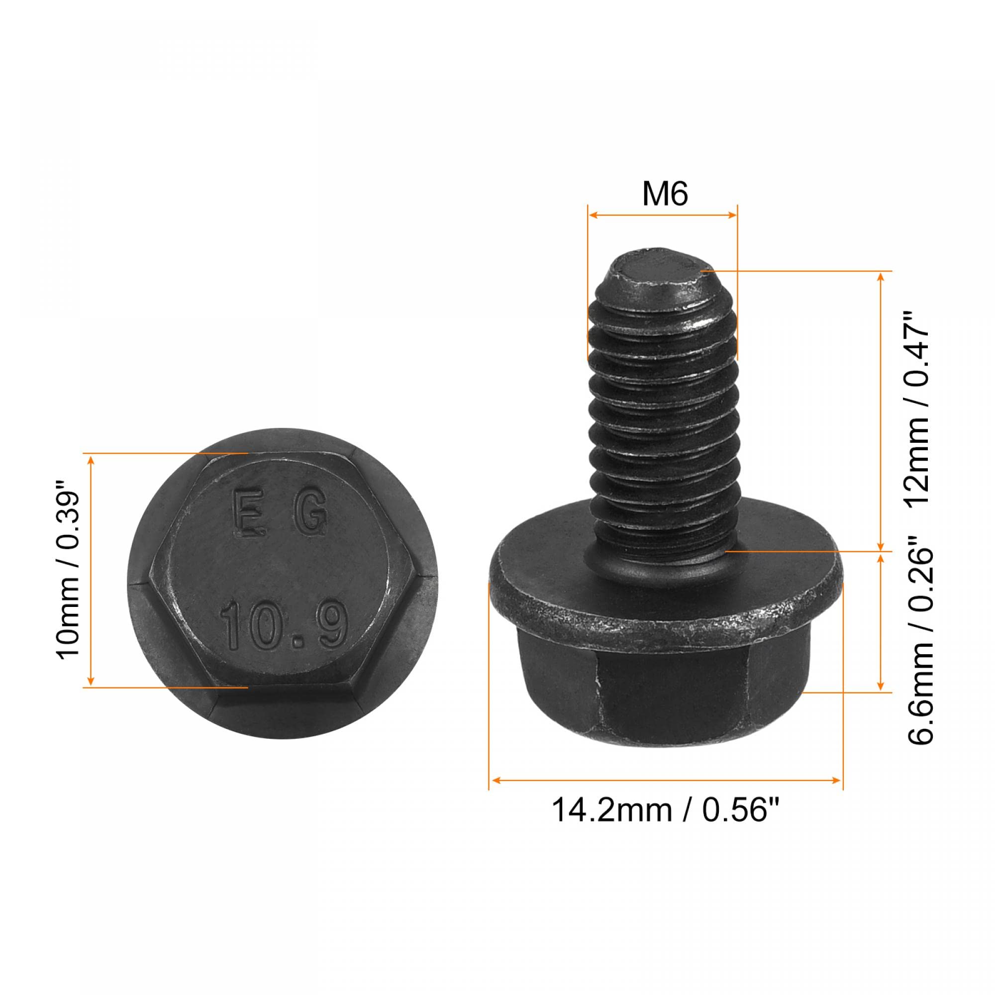 uxcell Metric M6x12mm Hex Flange Bolts, 20pcs 10.9 Grade Carbon Steel Hexagon Head Screws