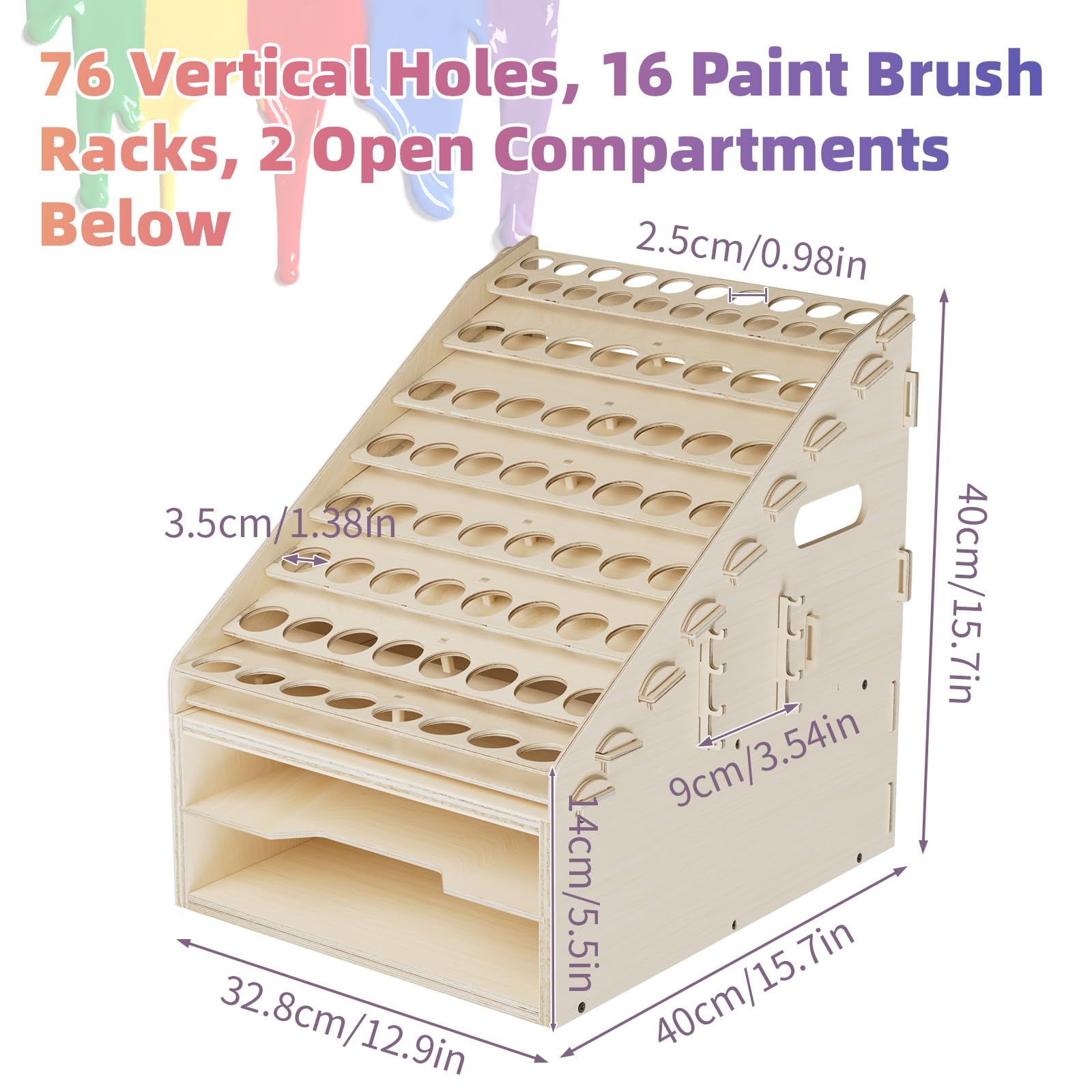 YAGEANNL Wooden Paint Organizer, Paint Rack Organizer with 76 Holes of 2 Sizes and 16 Brush Holders, 2 Cabinets Suitable for Citadel Paints, Craft Paint Storage Organizer for Miniature Paint Set