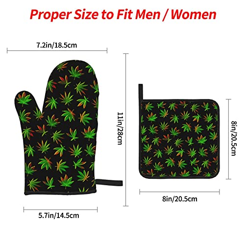 Oven Mitts and Pot Holders Sets Weed Leaf Print Oven Gloves Heat Resistant Potholders 4 Pcs Set Washable Non-Slip BBQ Gloves with Hanging Loop for Women Men Kitchen Baking Cooking Grilling