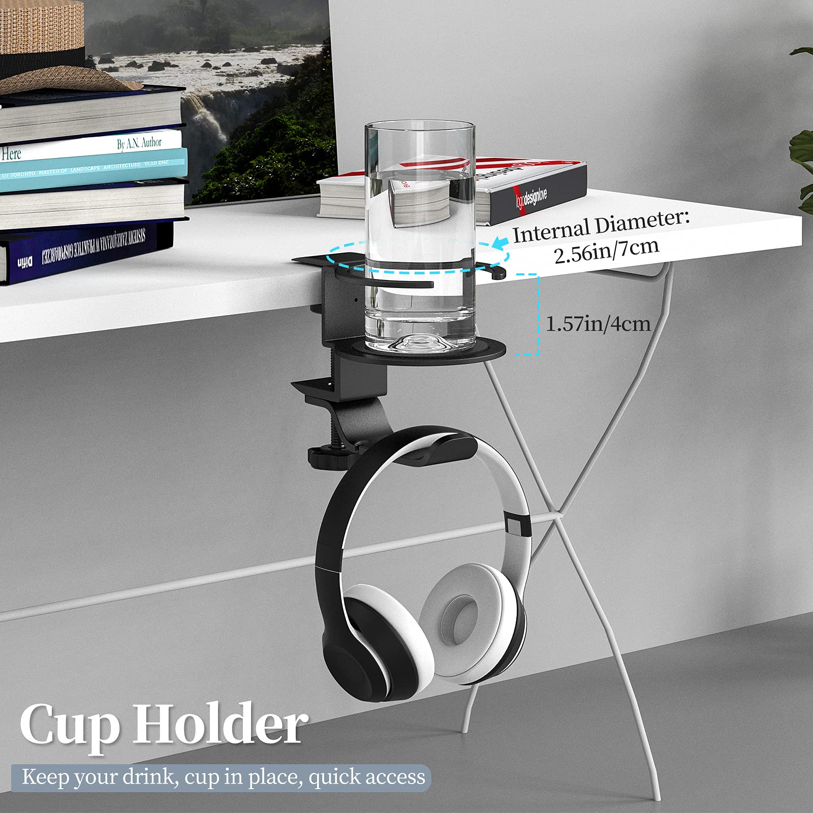 MoKo Headset Hanger with Cup Holder, Universal 2 in 1 Headphone Stand Adjustable 360° Rotate Aluminum Earphone Hook Mount Fit All Headphone Size Sennheiser, Audio-Technica, PS5 Gaming Headphone, Black