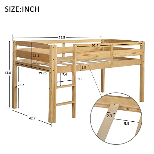 Woanke Twin Loft Bed, Solid Wood Low Loft Bed with Guard Rail and Ladder, Twin Bed for Kids Boys & Girls Room, Children Low Loft Bed with Storage for Bedroom, Walnut