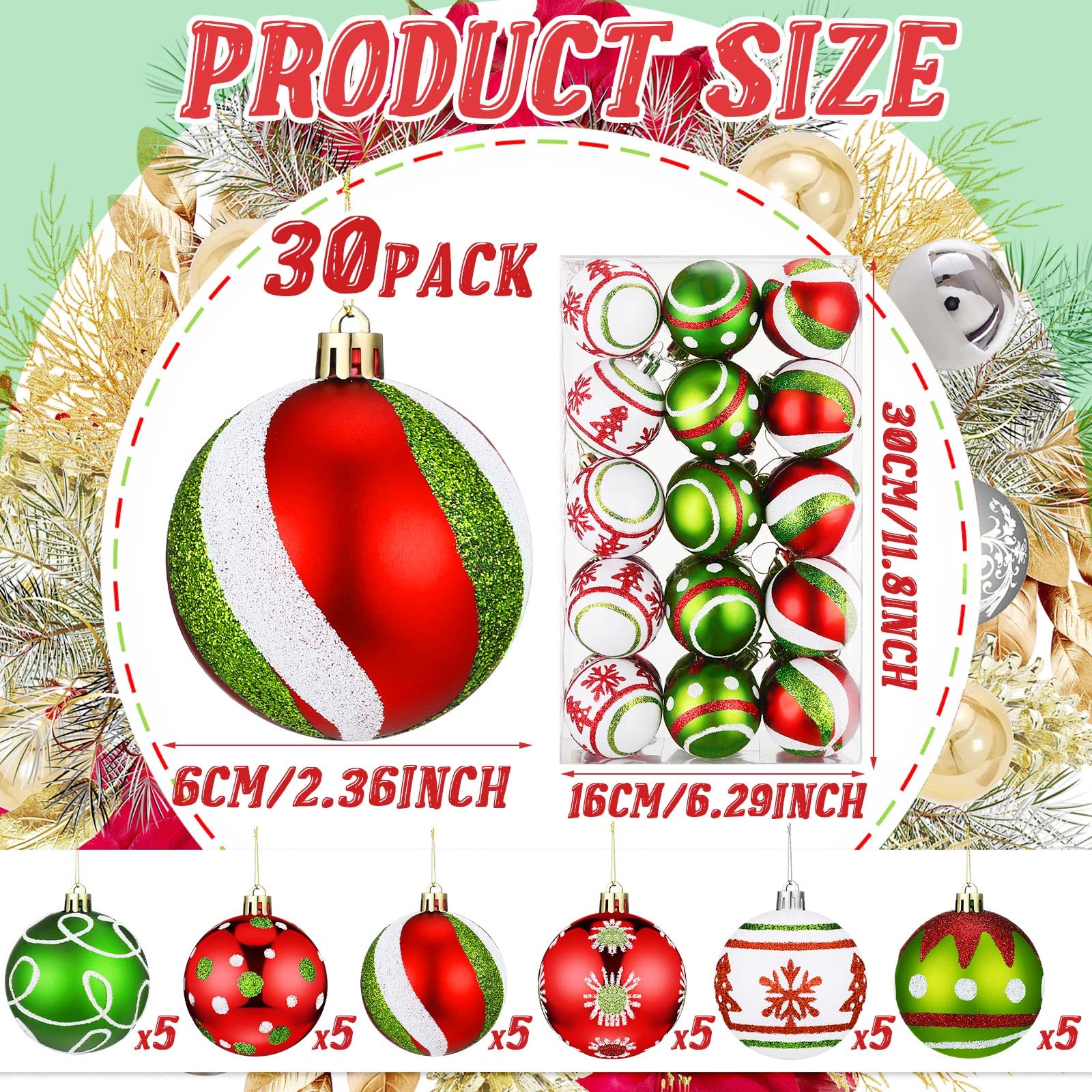 Leyndo 30 Pcs 2.4 Inch Glittering Red Green Christmas Ball Ornaments for Hanging on Xmas Tree - Candy Cane and Peppermint Decor (Classic)