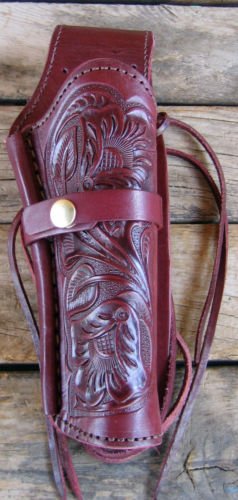 Left Handed Burgundy Tooled Leather Single Western SASS Cowboy GUNS4US Holster for 22 Cal, 38 357 Cal & 44 45 Cal Gun Pistol