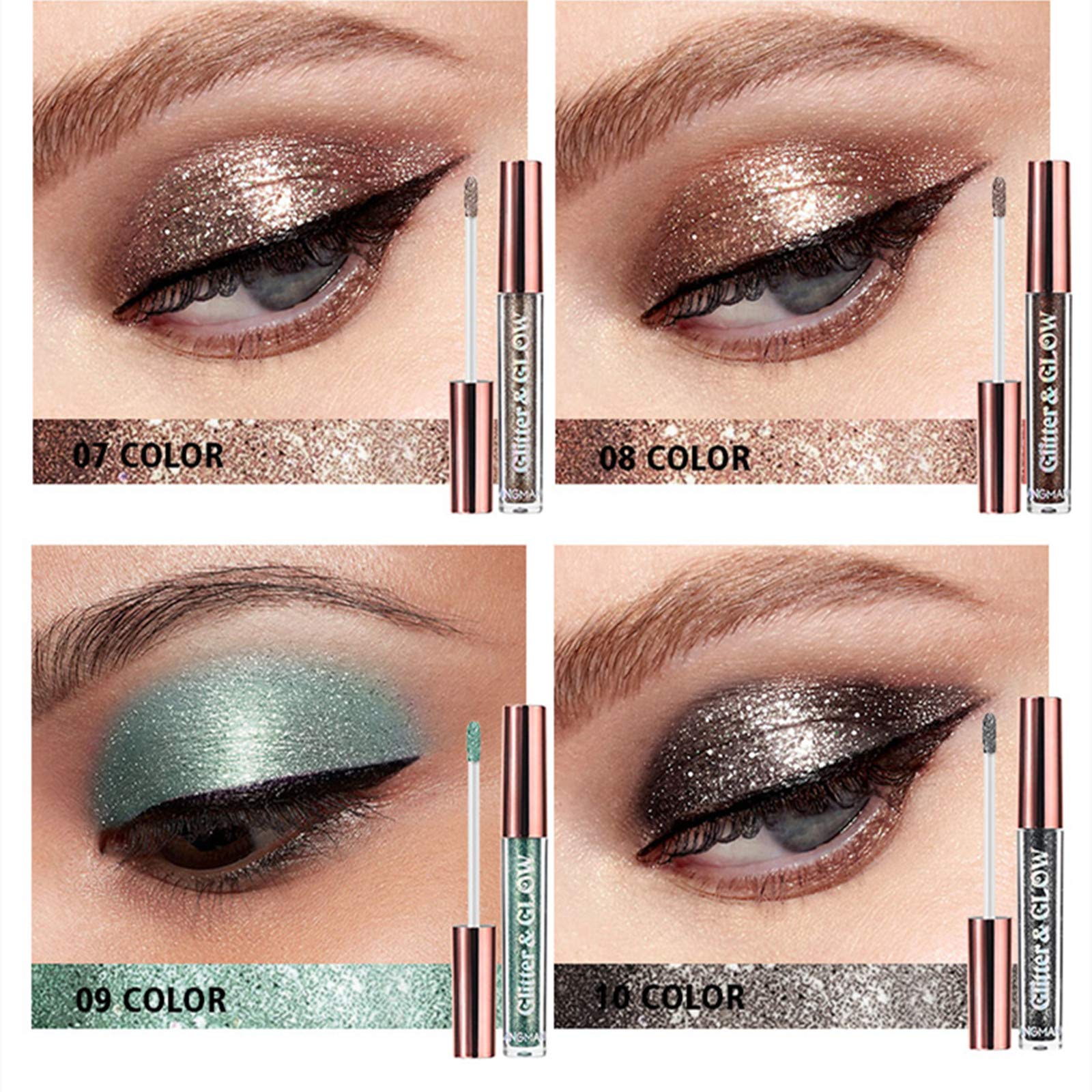 Langmanni 10PCS Liquid Eyeshadow, Shimmer Glitter Liquid Eye Shadow Set Waterproof Long Lasting Metals Sparkling Eyes Makeup Liquid Eyeshadow for Party Wedding Festival or Daily Makeup