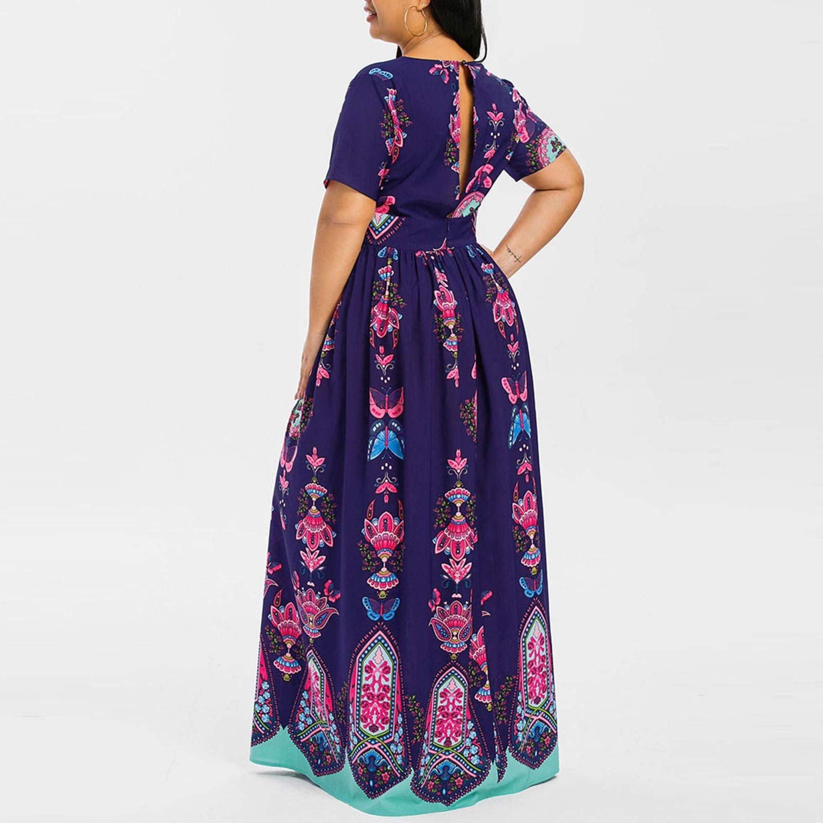 Plus Size Flowy Long Dress for Women Plunging V Neck Short Sleeve Swing Dress Butterfly Printed Split Dress