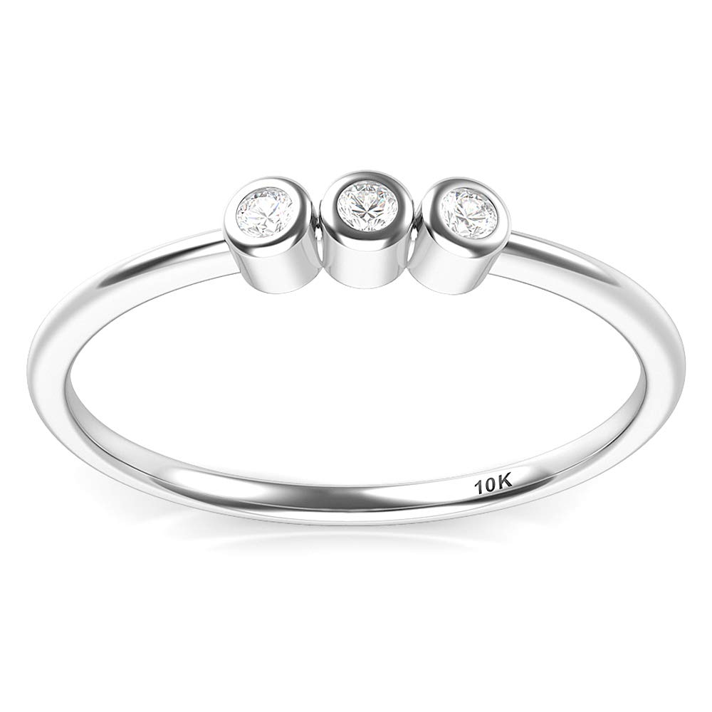 Kobelle Sz 8.0 Solid 10K White Gold Bezel Set 3 Diamond Past Present Future Wedding Engagement Ring