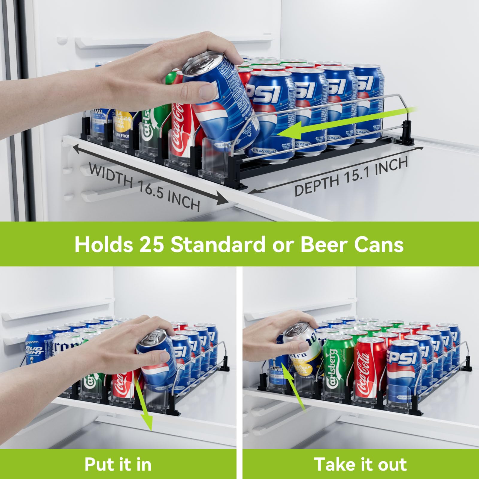 MERICARGO Drink Organizer for Fridge, Self-Pushing Soda Can Organizer for Refrigerator with Adjustable Pusher Glide, Automatic Drink Dispenser for Fridge Pantry, 5 Rows
