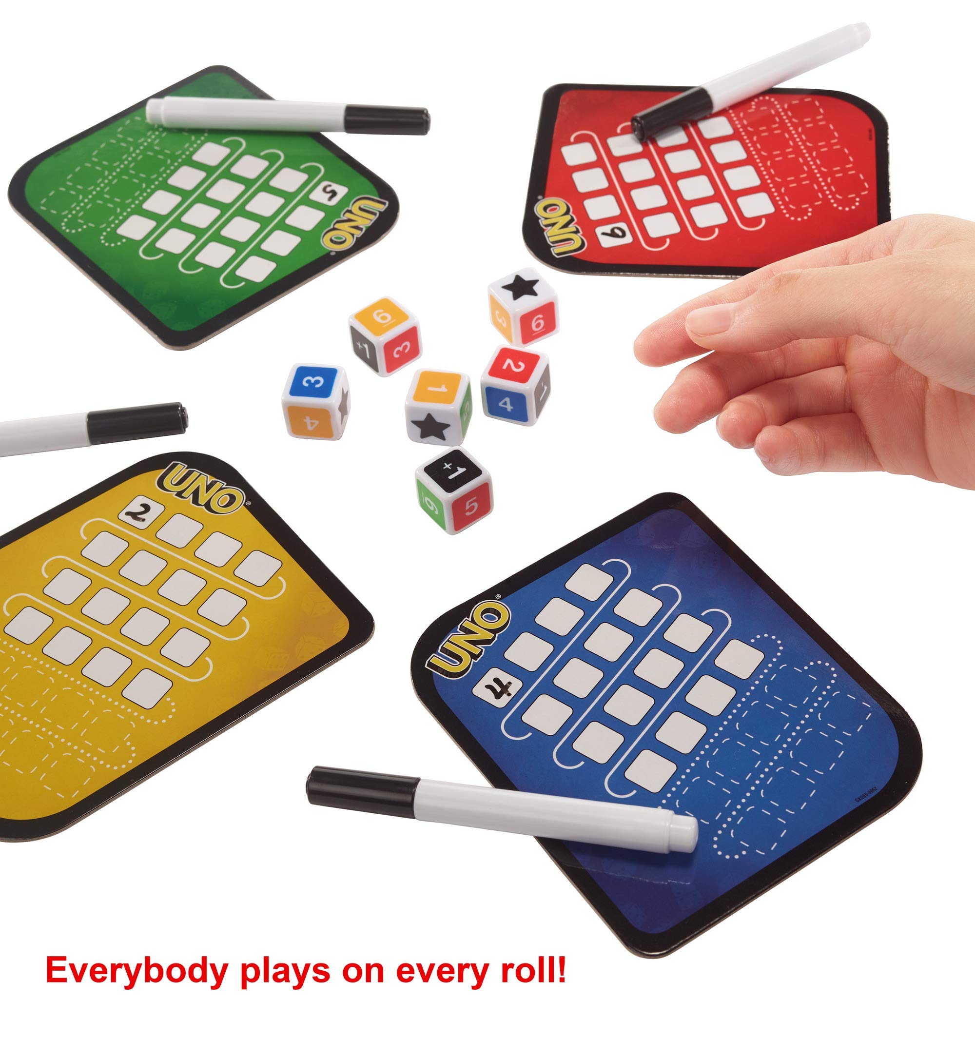 Mattel Games UNO Family Dice Game, with 6 Dice, 4 Dry Erase Boards and 4 Markers, Makes A Great Gift for 7 Year Olds and Up