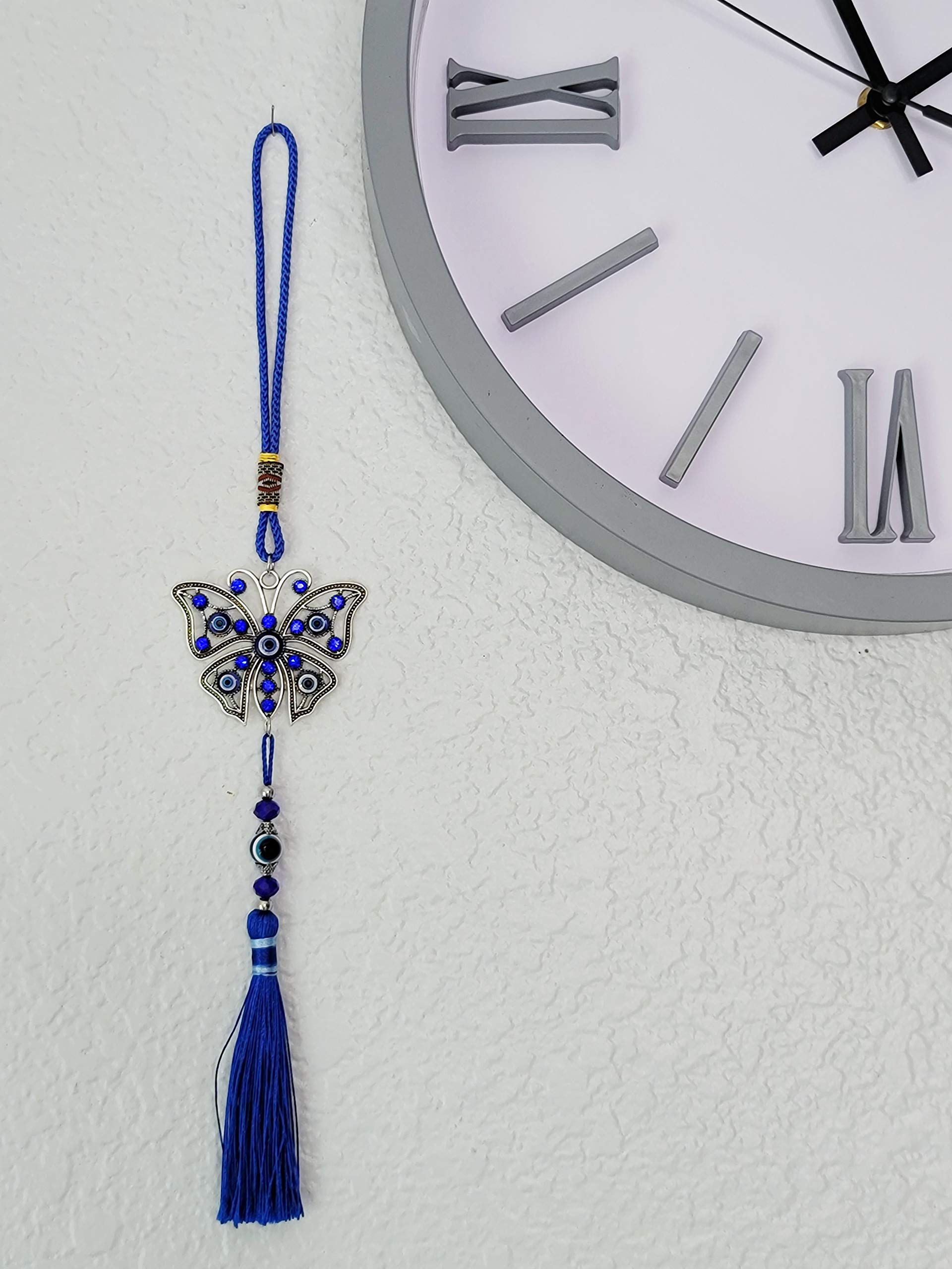 LUCKBOOSTIUM Center Evil Eye Butterfly Charms Pendant in Blue Crystal Stone w/Tassels for Good Luck & Protection Car Rear View Mirror Hanging Ornament Accessories Home Decor Charm