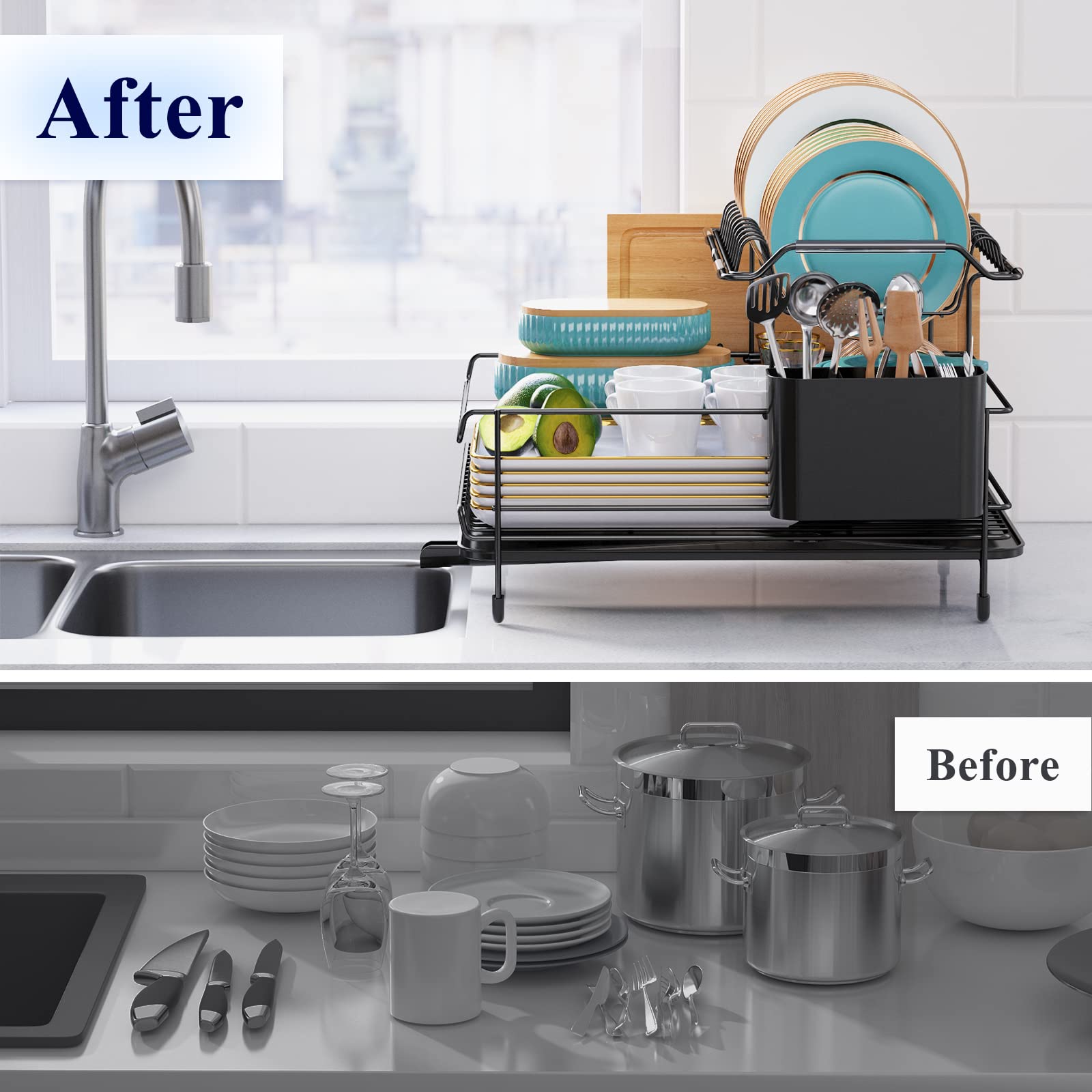 Kitsure Dish Drying Rack - Large-Capacity Dish Rack for Kitchen Counter, Rust-Proof Dish Drainer, 2-Tier Kitchen Dish Drying Rack for Dishes, Knives, Spoons, and Forks,Silver6
