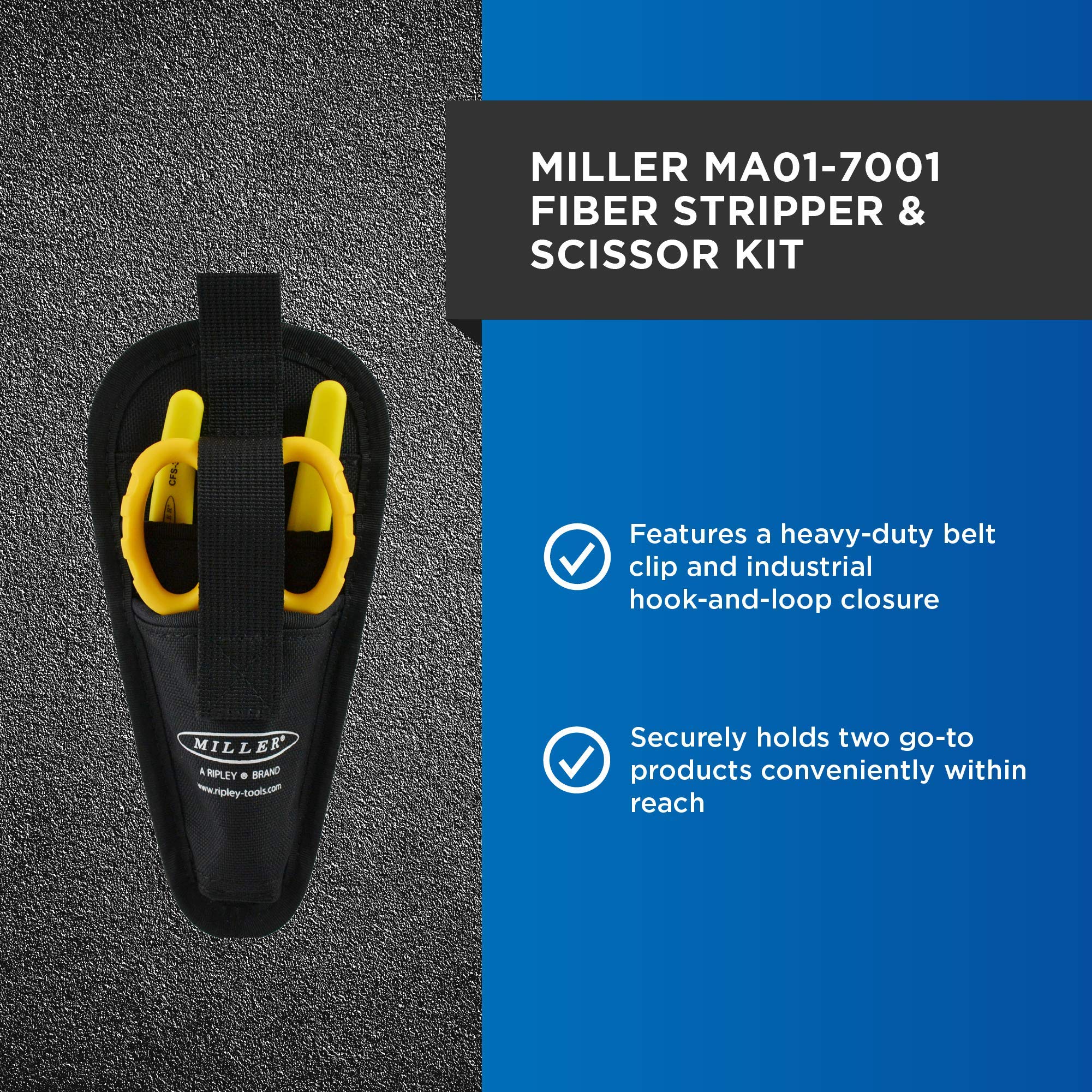 Miller MA01-7001 Kit, CFS-3 3-Hole Fiber Optic Cable Stripping Tool and KS-1 Kevlar Scissors, Easily Portable Tool Set with Belt Clip Pouch for Professional Electricians, Technicians, and Installers