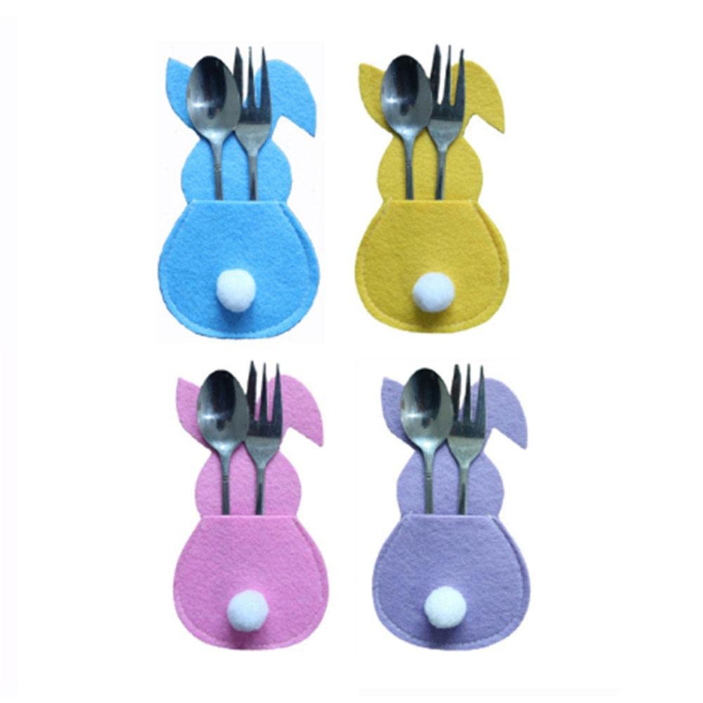 Pekkaxy Easter Table Decor, 4PCS Easter Bunny Felt Cutlery Holders Reusable Utensil Décor Easter Table Decorations for Wedding Birthday Party Supplies