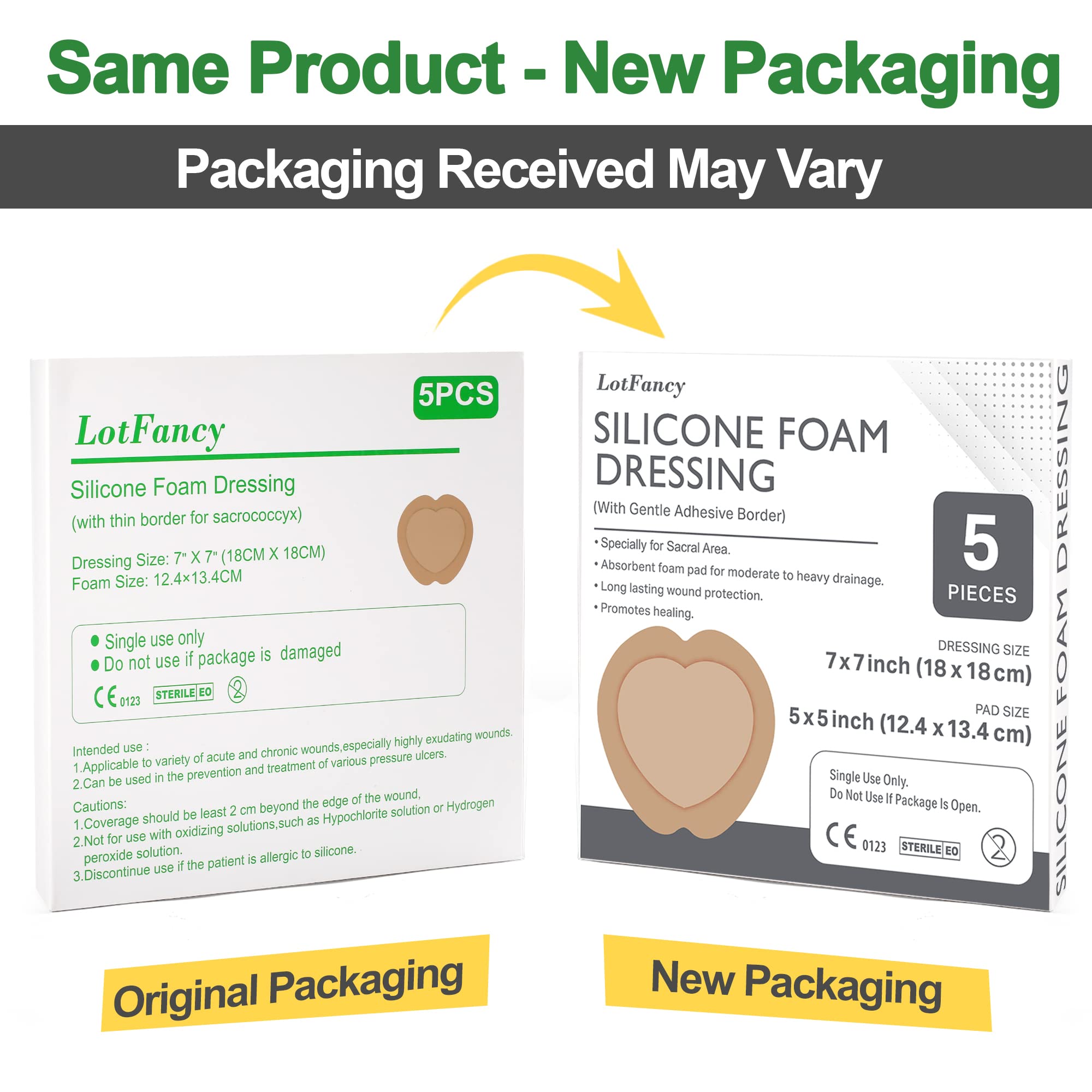 LotFancy Sacral Foam Dressing, 7"x 7", 5 Count, Silicone Foam Dressing, Wound Dressing with Border, Sacrum, Bed Sores, Pressure Ulcers Healing Bandage Pad, Highly Absorbent, Waterproof