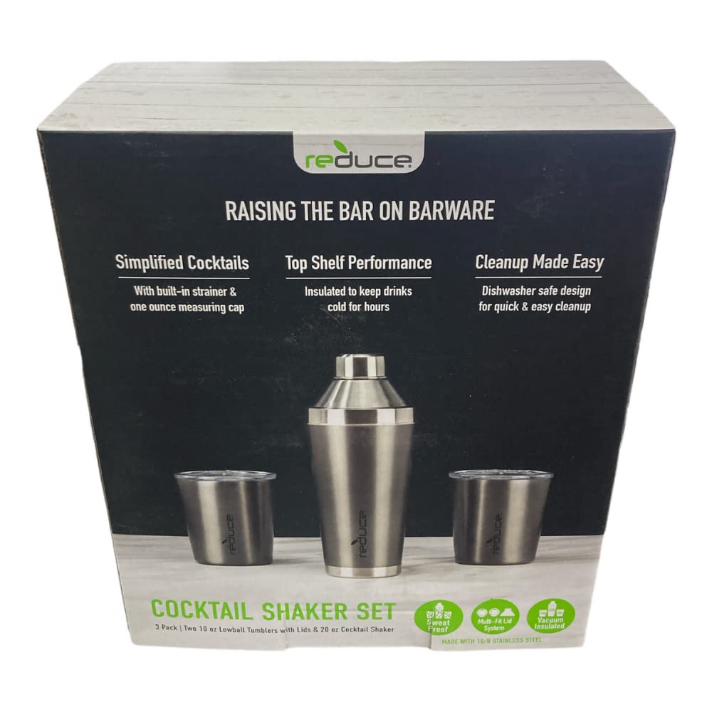 REDUCE Cocktail 3-Piece Shaker Set with 10-oz. Lowball Tumblers (Charcoal)