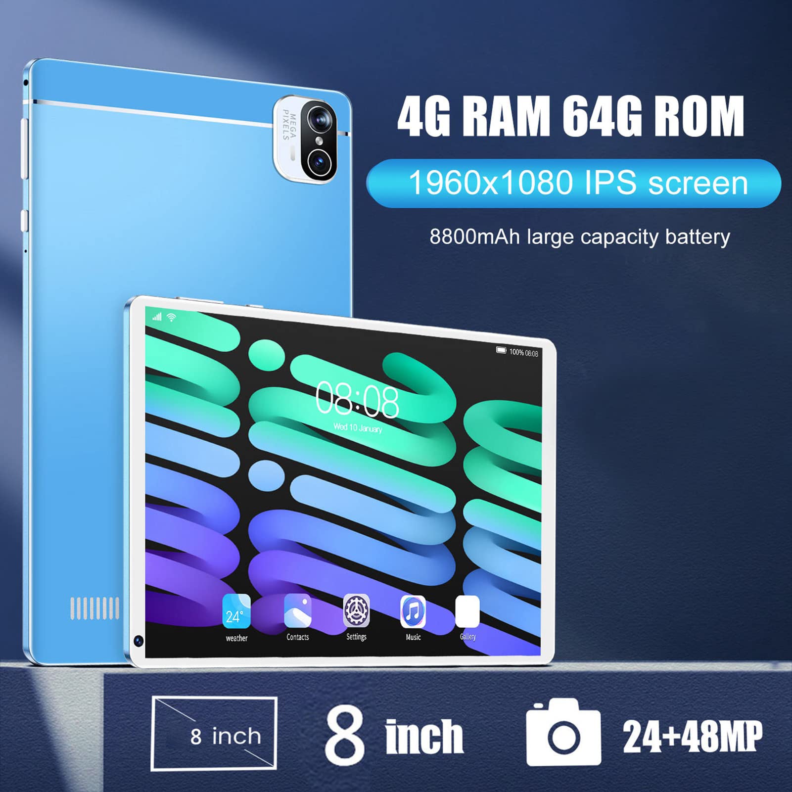 Tablet PC, 4G RAM 64G ROM Tablet Blue Octa Core CPU Processor for Home Travel (US Plug)