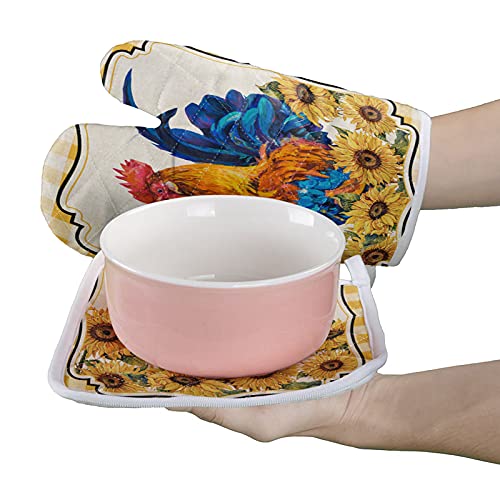 Oven Mitts Set Non-Slip Kitchen Gloves with Potholders Farm Country Rooster And Sunflower On Yellow Buffalo Plaid Super Insulated Mitt Set for Baking,Grilling,BBQ 2Pcs