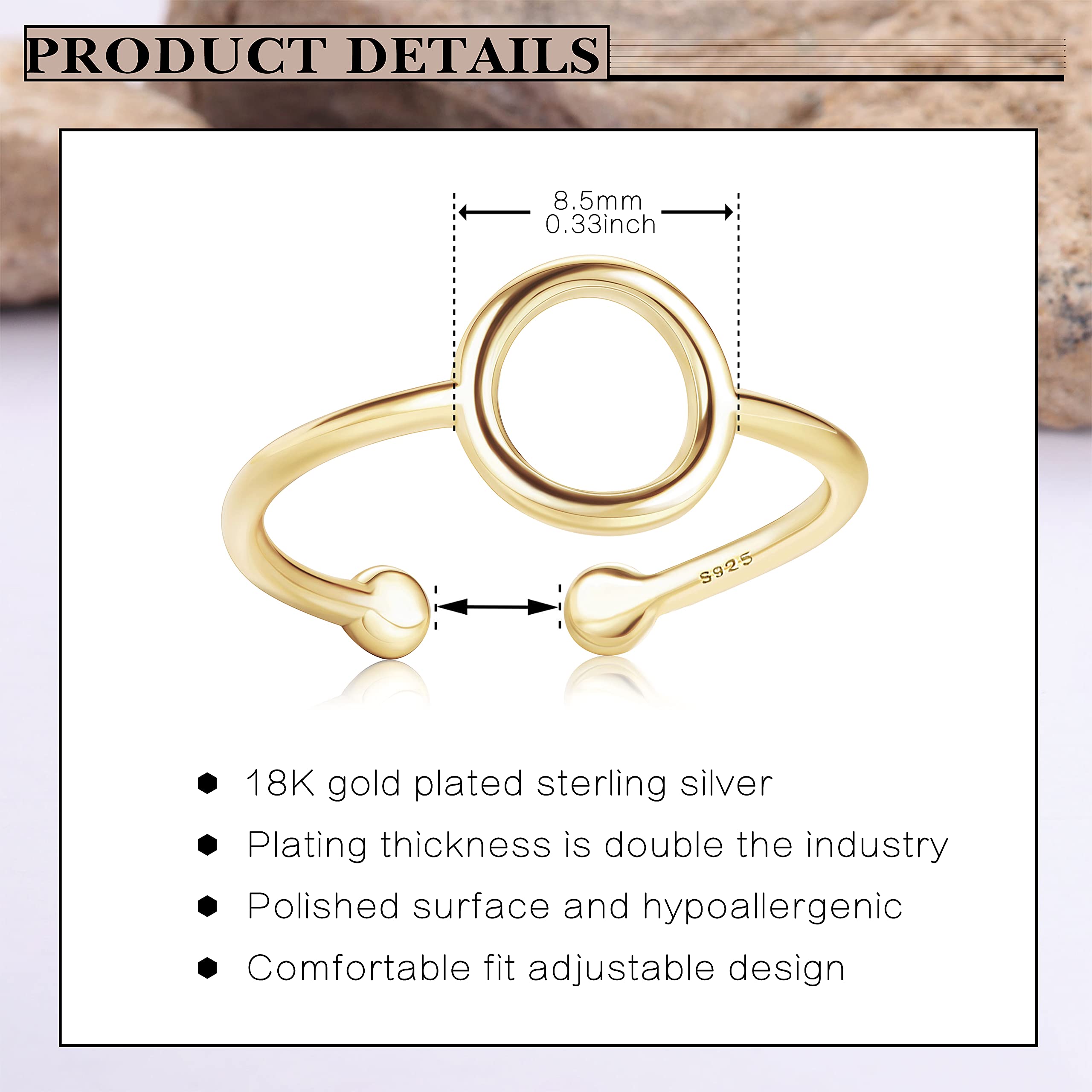 MILACOLATO 925 Sterling Silver Circle Rings 18K Yellow Gold Plated Stackable Rings Adjustable Karma Statement Rings for Womenn
