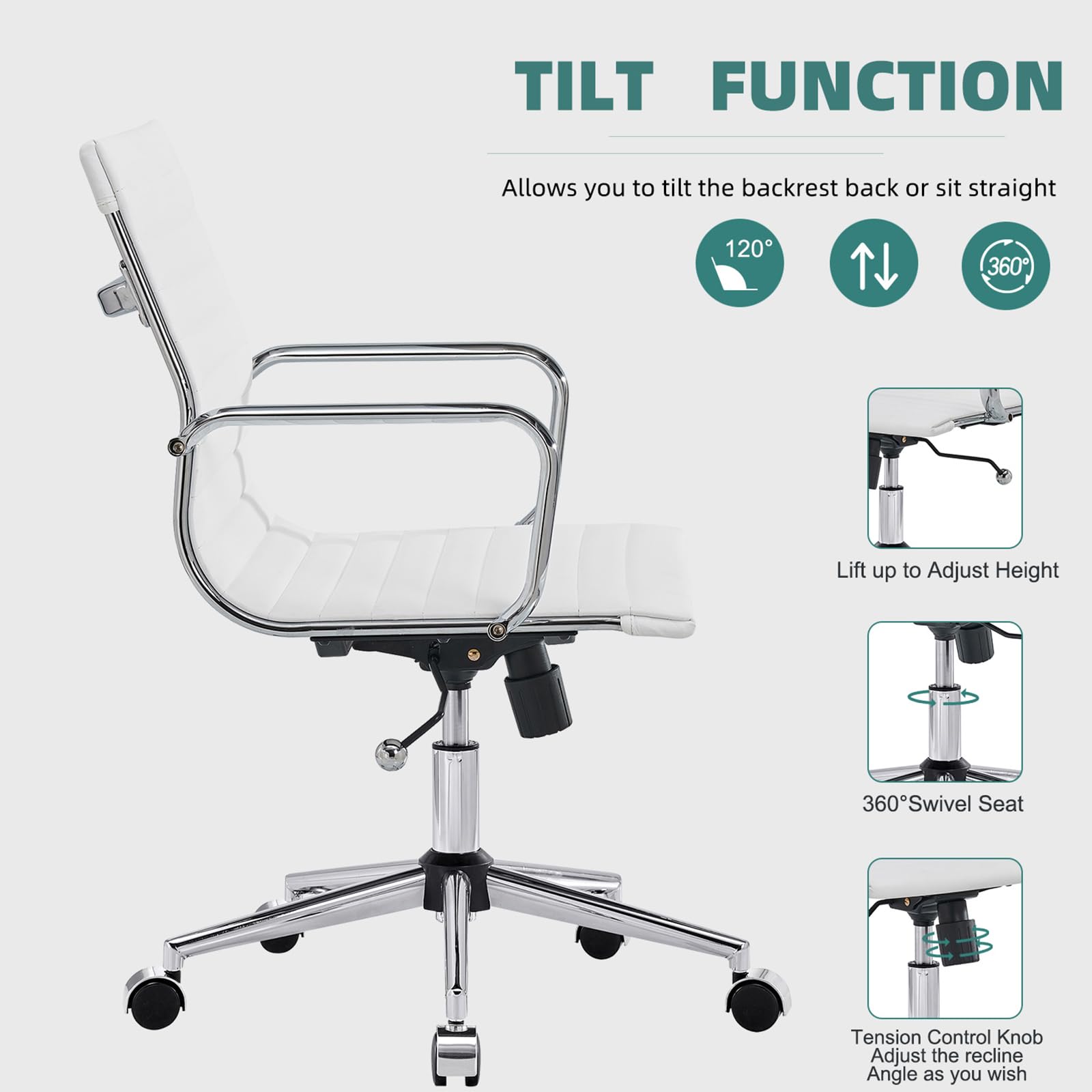 LUXMOD Office Chair White Ergonomic Desk Chair Executive Conference Room Chair Leather Modern Home Office Chair for Desk Mid-Back Office Computer Desk Swivel Chairs (1pcs)