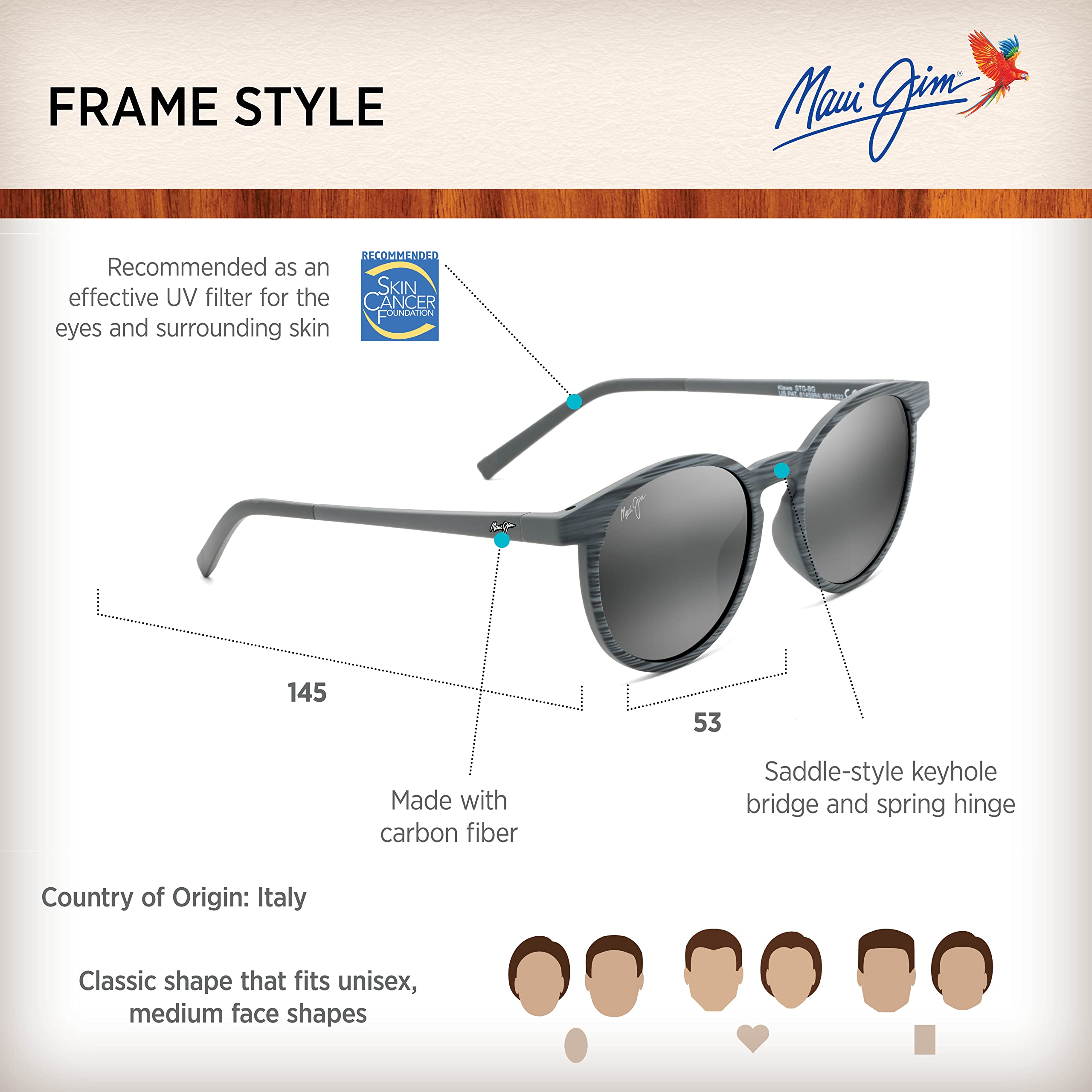 Maui Jim Men's and Women's Kiawe Polarized Classic Sunglasses, Grey Stripe/Neutral Grey, Medium