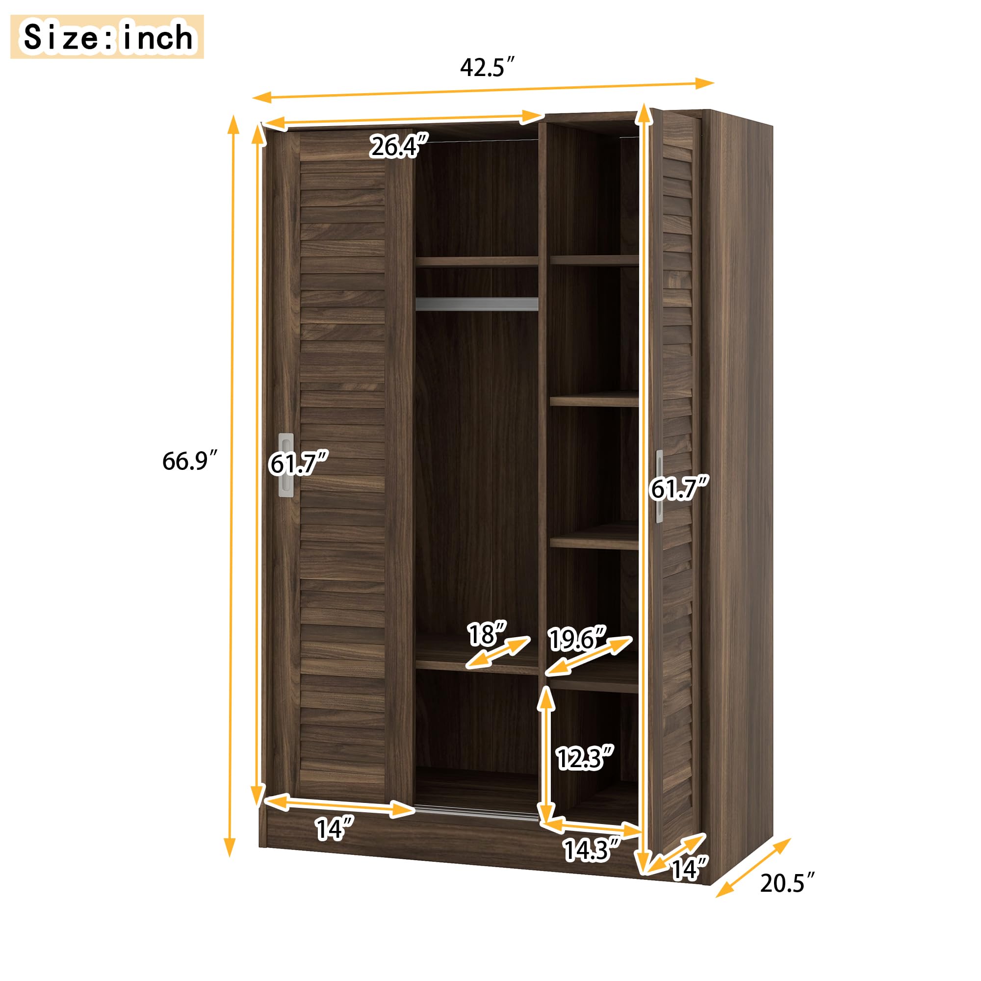 Lifeand Modern 3-Door Shutter Wardrobe with Shelves and Hanging Area, Spacious and Organized Closet Bedroom Armoires, Walnut