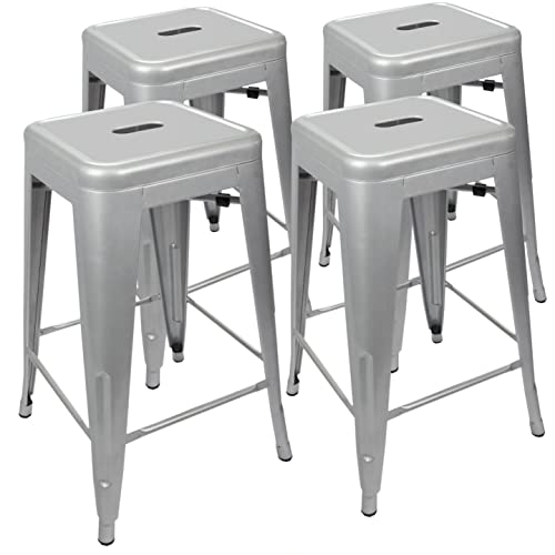 UrbanMod 24 Inches Metal Barstool Set of 4 β Counter Height Backless Bar Stool for Kitchen Island, Breakfast, Outdoors, Pub, Restaurant, Home, Patio β Stackable Heavy Duty Modern & Industrial (Silver)