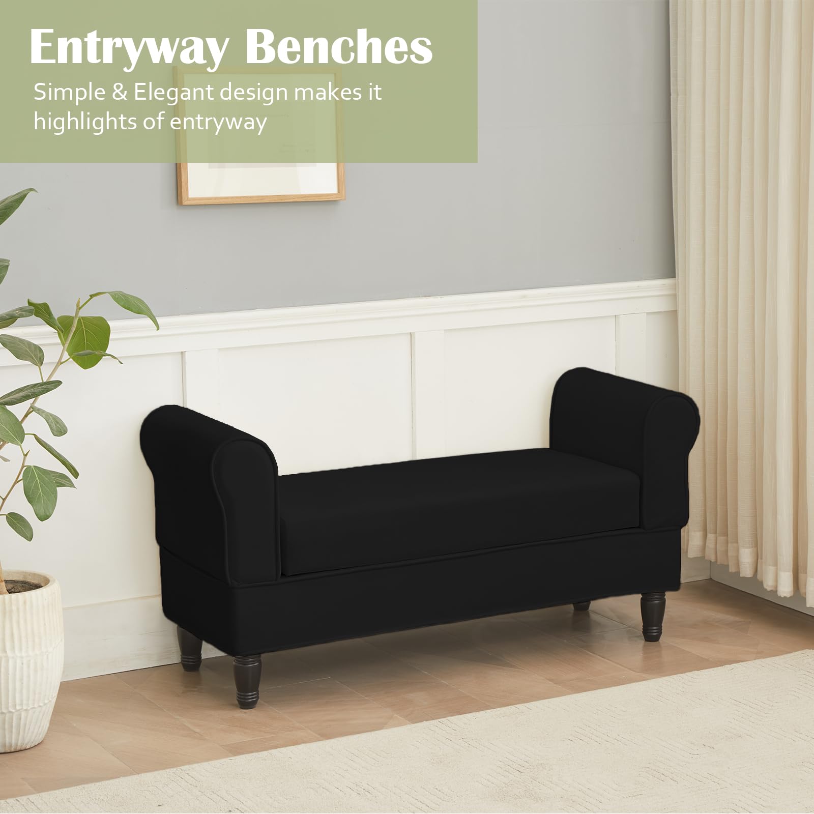 Merdoo Classics Storage Ottoman Bench with 2 Ottoman Foot Rest, Tufted End of Bed Storage Bench, Upholstered Bedroom Storage Bench, Rolled Arm Window Bench for Entryway Bedroom Living Room, Black…